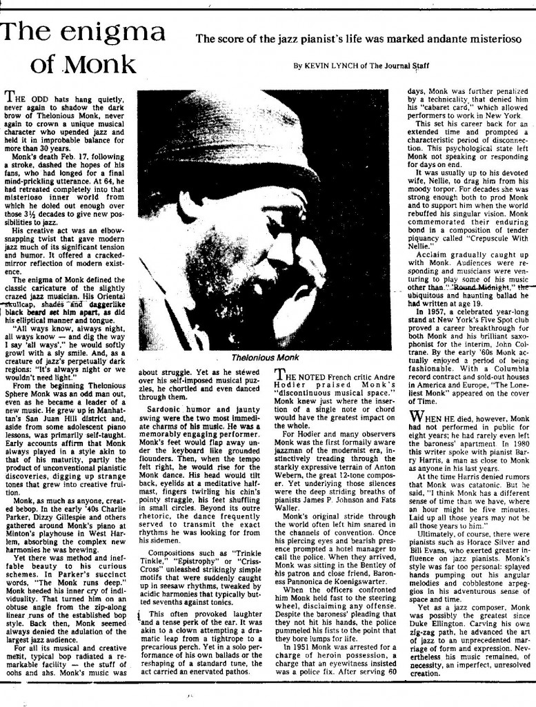 Thelonious Monk died today in 1982. An obit column from back then ...